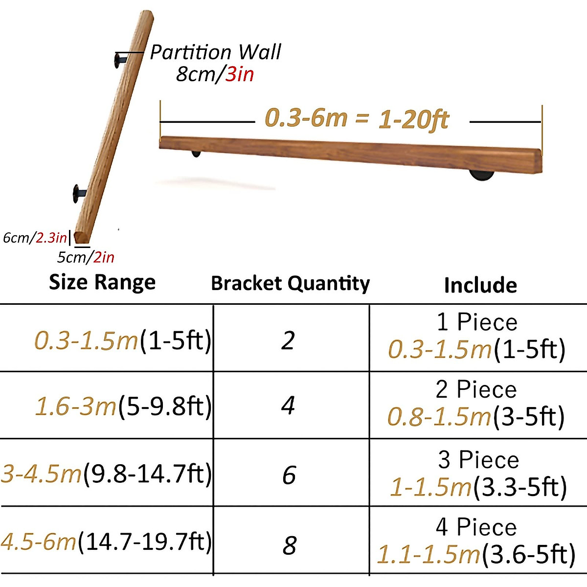 Indoor Wooden Handicap Handrails for Stairway/Entrance/Hot Tub, Long 3m 3.5m 4m 4.5m 5m 5.5m 6m Disabled Porch Railing/Hand Pipe, Handrail Supports System (Size : 4.8m(15.7ft)=4 Sections)