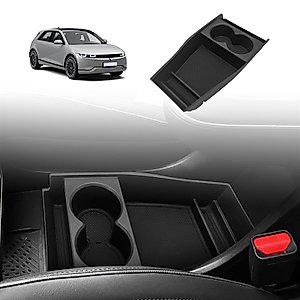 BestEvMod for Ioniq5 Lower Center Console Organizer Cup Holder Tray Storage Box Accessories with Rubber Black Trim Compatible with Hyundai Ioniq 5 2022-2024 Accessories (Lower Tray-cup holder style)