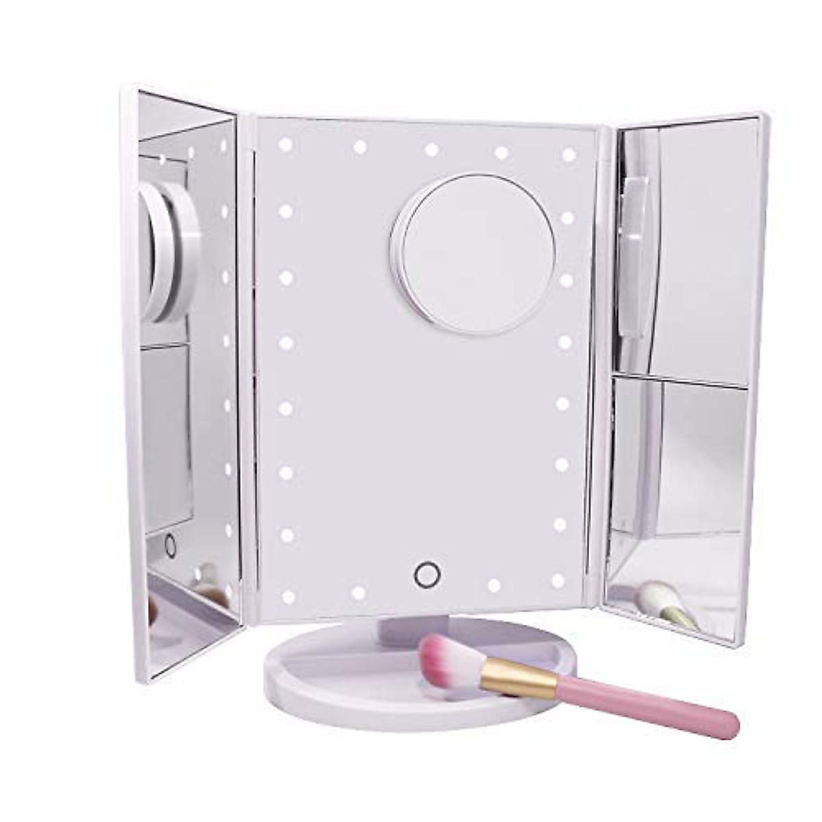KXA Tri-Fold Vanity Mirror, 21 LED Lighted with Touch Screen 1X/2X/3X Magnification and USB Charging Adjustable Brightness and Stand for Makeup