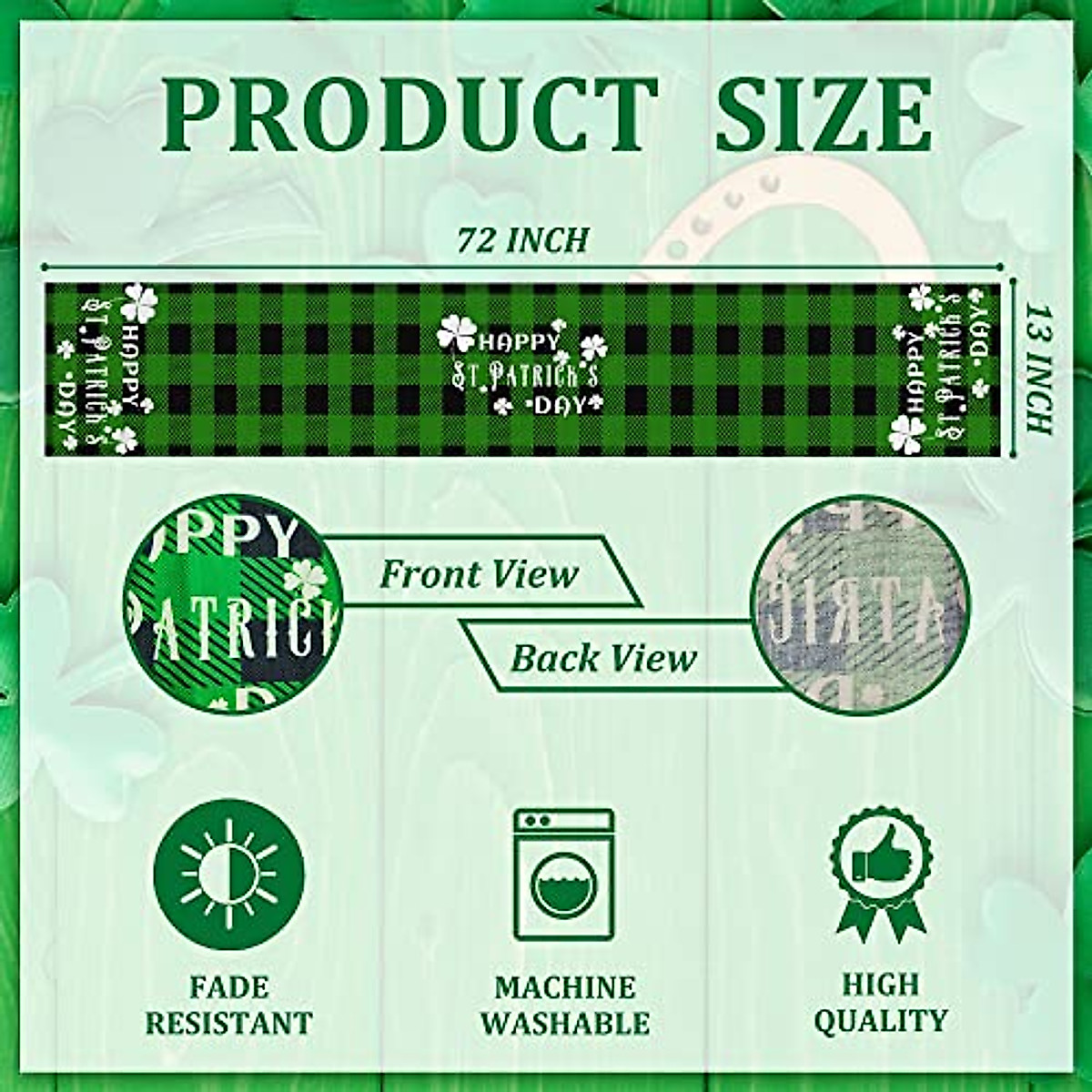 St Patricks Table Runner, Cozy Zestie Spring Green Shamrock Burlap Table Runners Holiday Day Decoration Kitchen Dining Buffalo Plaid Lucky Clover Table Runners for Home Party Decor 13 x 72 Inch