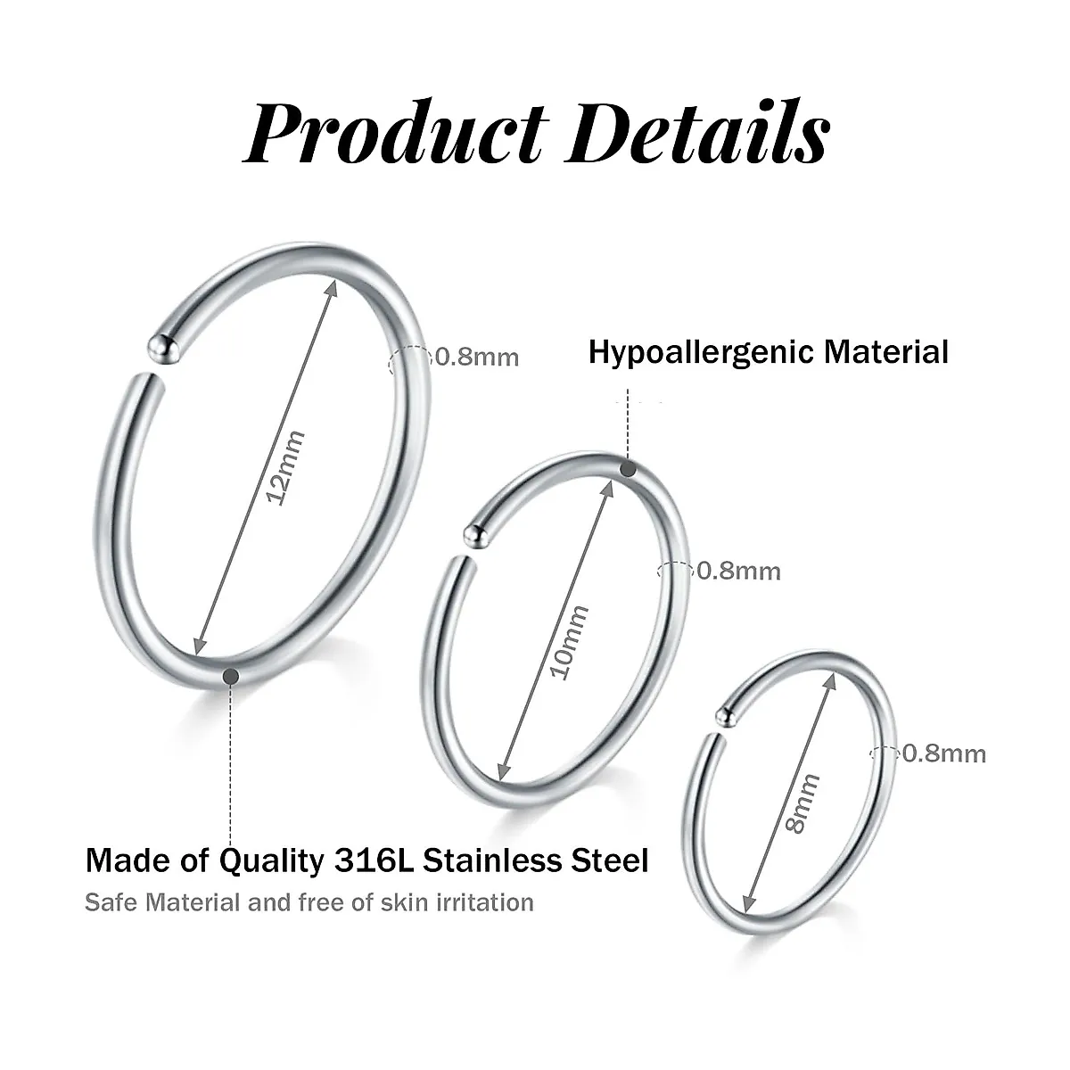 FECTAS Nose Rings Hoop Double Circle Nose Ring Surgical Steel 20g Gauge 8mm 10mm 12mm Nostril Piercing Hoops Jewelry 12PCS