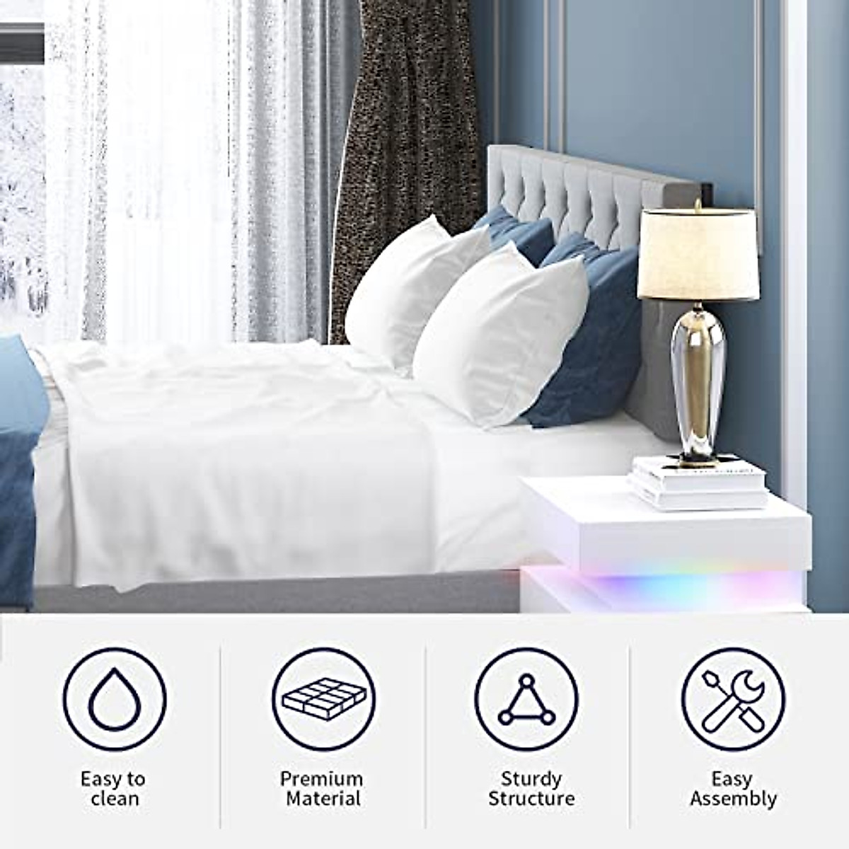 ZAFLY California King Platform Bed Frame with 4 Storage Drawers,Cal King Bed Frame with Fabric Headboard,Diamond Stitched Button Tufted Design,Wooden Slats Support,No Box Spring Needed,Light Grey