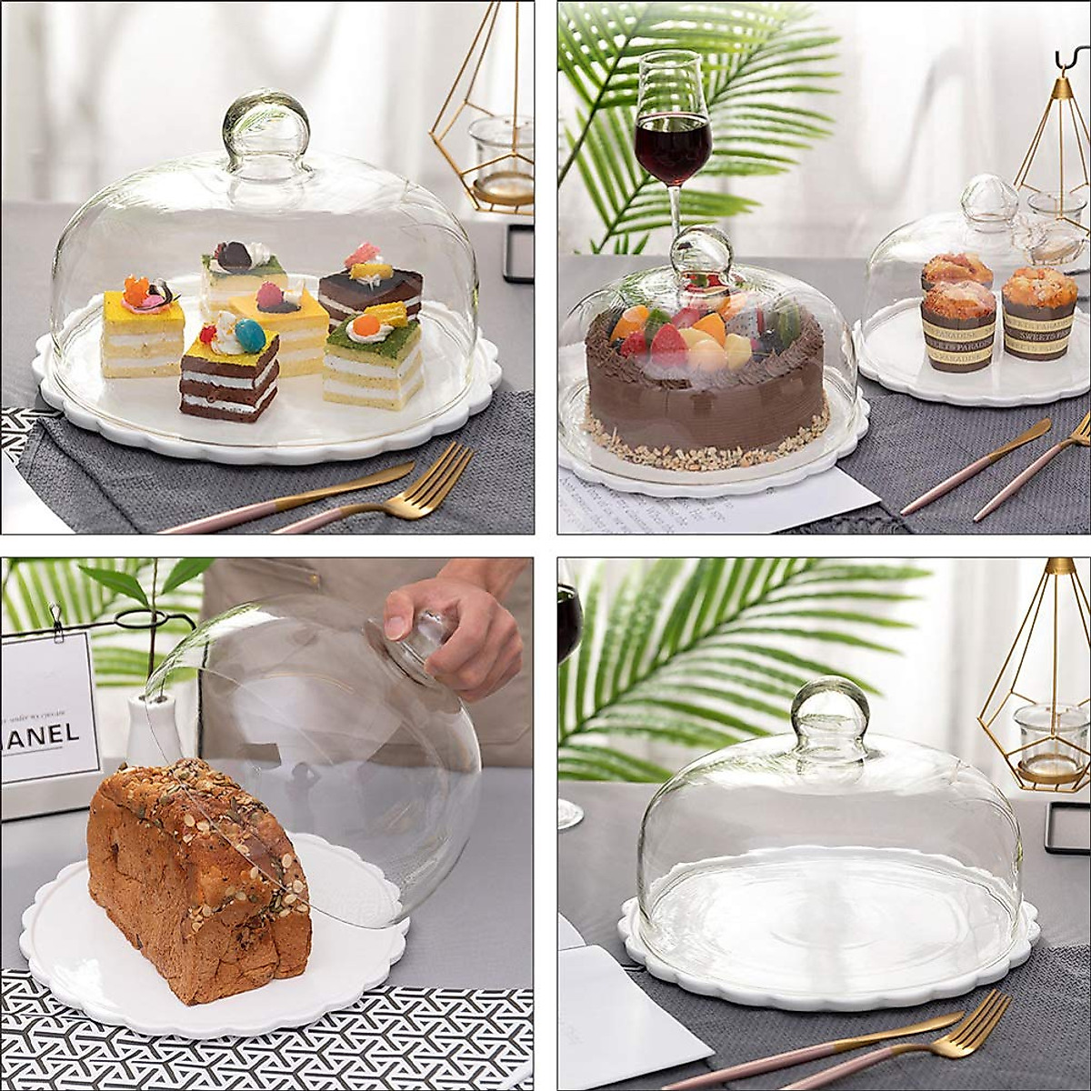 DOITOOL Ceramic Cake Plate with Glass Dome Glass Dessert Holder Clear Cupcake Stand Decorative Serving Tray Dish Rack for Fruit Dessert Cake White