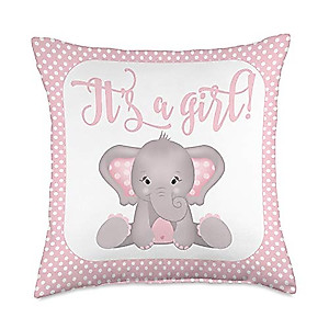 Baby Shower Decorations for Girl Elephant Theme Gender Reveal Nursery Room Gift Idea for Girls Throw Pillow, 18x18, Multicolor