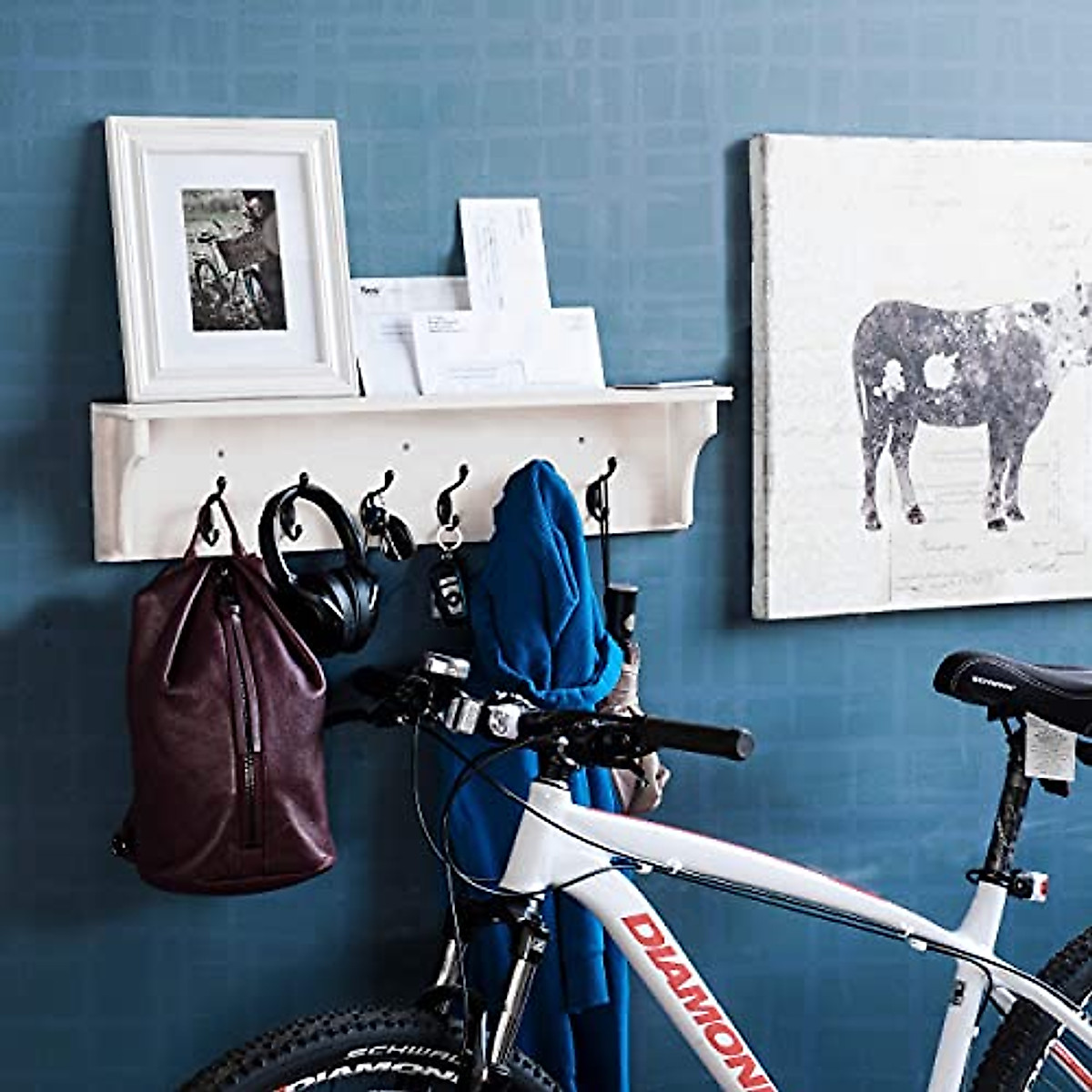 brightmaison Mante Entryway Organizer with Key Holder and Coat Rack, 6 Hooks for Hanging Face Masks, 30" Wood White