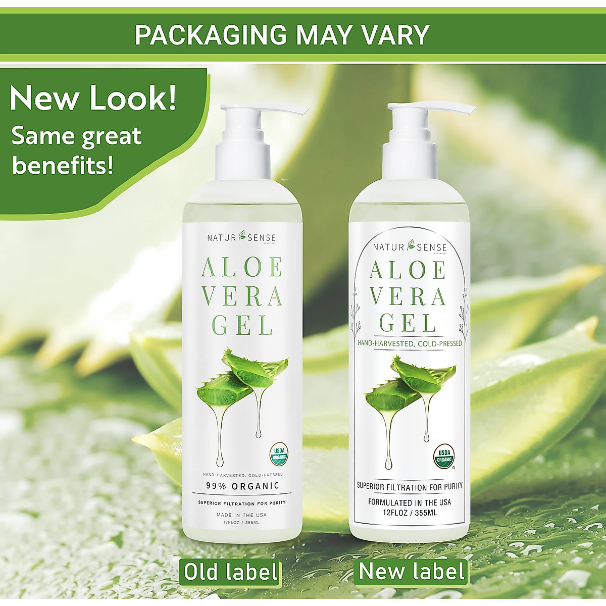 NTRSNS NaturSense Organic Aloe Vera Gel from 100% Pure Aloe. Great for Hair, Scalp, Face, Dry Skin, Acne, Winter Skin, Sunburn, Sensitive Skin. Unscented, USDA Certified, 12 oz.