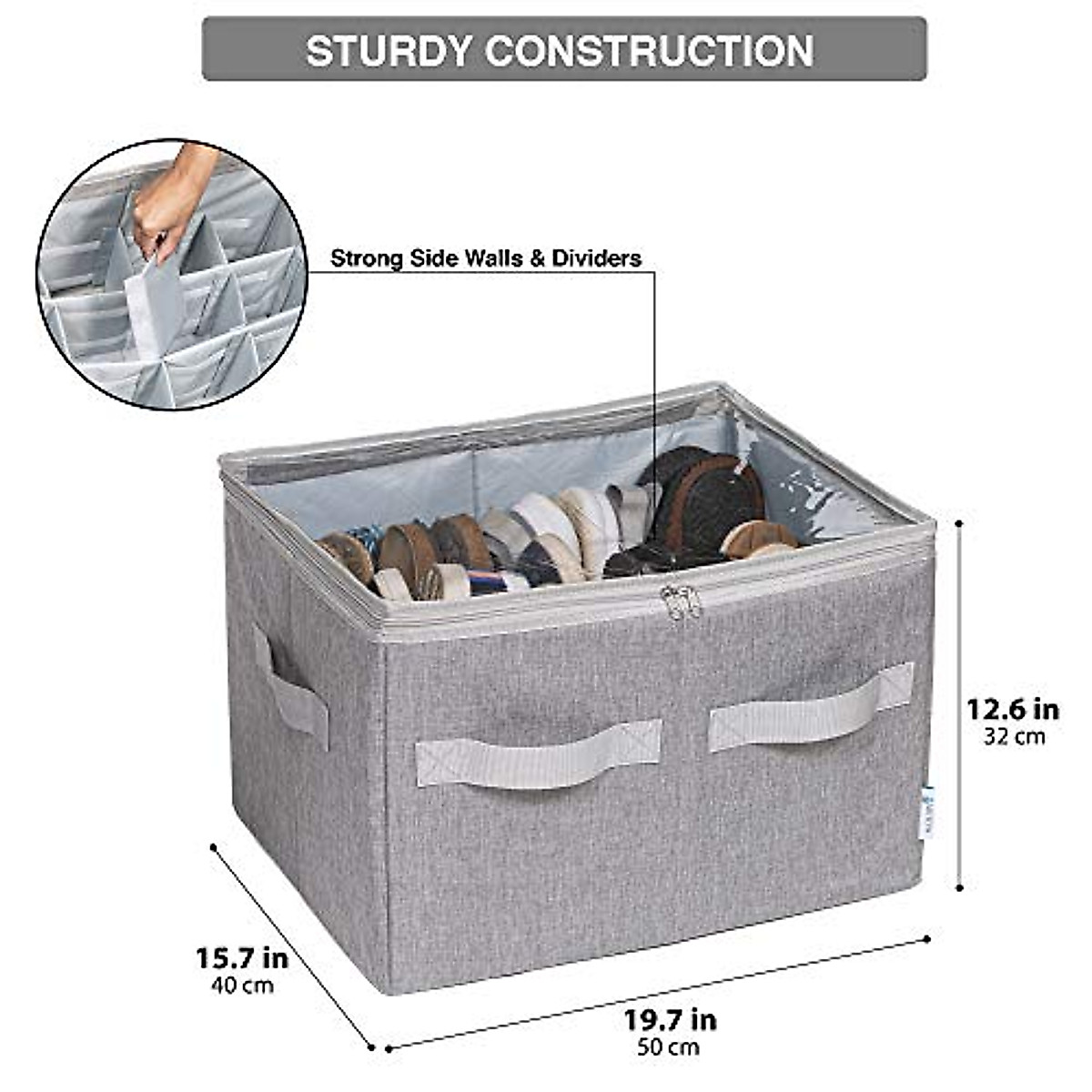 Moteph Shoe Organizer Closet Storage Solution with Clear Cover & Adjustable Dividers for Shoes, Handbags, Blankets, Linen, Clothing (Grey, Medium - 16 Pairs)