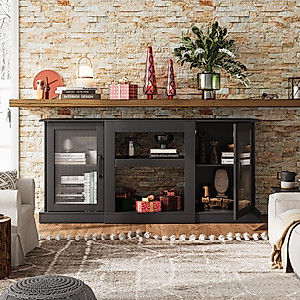 WLIVE Retro TV Stand for 65 inch TV, TV Console Cabinet with Storage, Open Shelves Entertainment Center for Living Room and Bedroom, Black