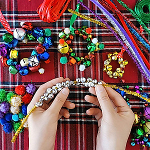 Winlyn 475 Set Christmas Jingle Bell Wreath Christmas Tree Ornaments Craft Kit Jingle Bell Metallic Chenille Stems Glitter Pom-Poms Ribbon Assortment for Kids Holiday Xmas Bracelets Necklaces Artwork