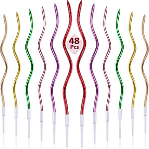 48 Pieces Twisty Birthday Candles Spiral Cake Candles with Holders Metallic Cake Cupcake Candles Long Thin Curly Coil Cake Candles for Birthday, Wedding Party and Cake Decoration (Metallic Colorful)