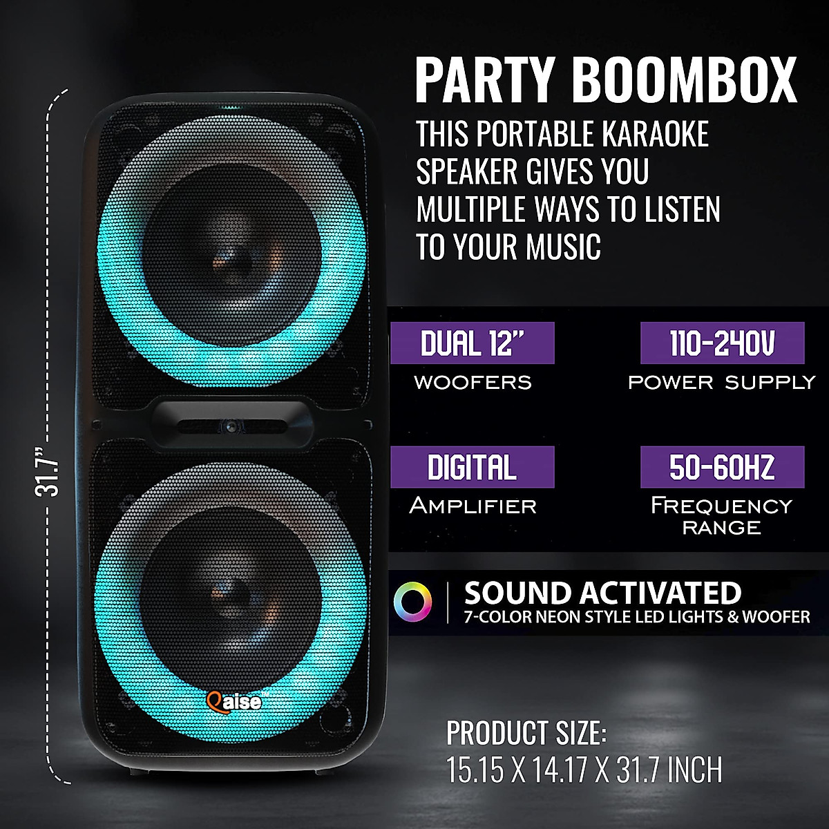 QAISE Portable Bluetooth Speaker & Karaoke Machine - Portable PA System with Wireless Mic, Professional Dual 10” Subwoofer with Lights, 7h Play time, 5000 Watts Peak Power - SonicBoomer X-BASS