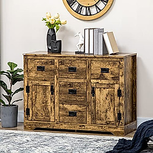 HOMCOM Industrial Sideboard Buffet Cabinet, Kitchen Cabinet with Five Drawers, Two Door Cabinets, Adjustable Shelf Coffee Bar Cabinet, Brown