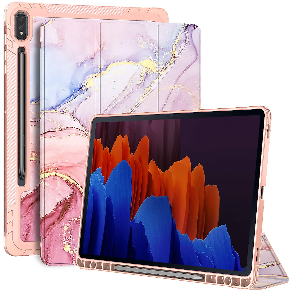 PIXIU Folio Case for Samsung Galaxy Tab S8 Plus /S7 Plus /S7 FE 12.4 inch with S Pen Holder,Trifold Stand PU Lleather Smart Cover with Auto Wake/Sleep Feature Purple Marble