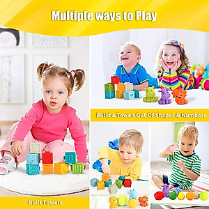 Coolle Baby Blocks Sensory Balls Toy 6 to 12 Months Montessori Learning Toys Soft Building Block Bath Toys for Babies Toddlers Infant 9 18 Month 1 2 3 4 Year Old Boy Girl Squeaks