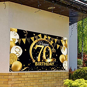 Birthday Party Decoration Extra Large Fabric Black Gold Sign Poster for Anniversary Photo Booth Backdrop Background Banner, Birthday Party Supplies, 72.8 x 43.3 Inch (70th)
