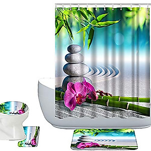 Amagical Zen Garden Theme 16 Piece Shower Curtain Set Bathroom Mat Set Orchid Flowers and Stones in Zen Garden Sunny Day Pattern Bath Mat + Contour Mat + Toilet Cover + Shower Curtain and 12 Hooks