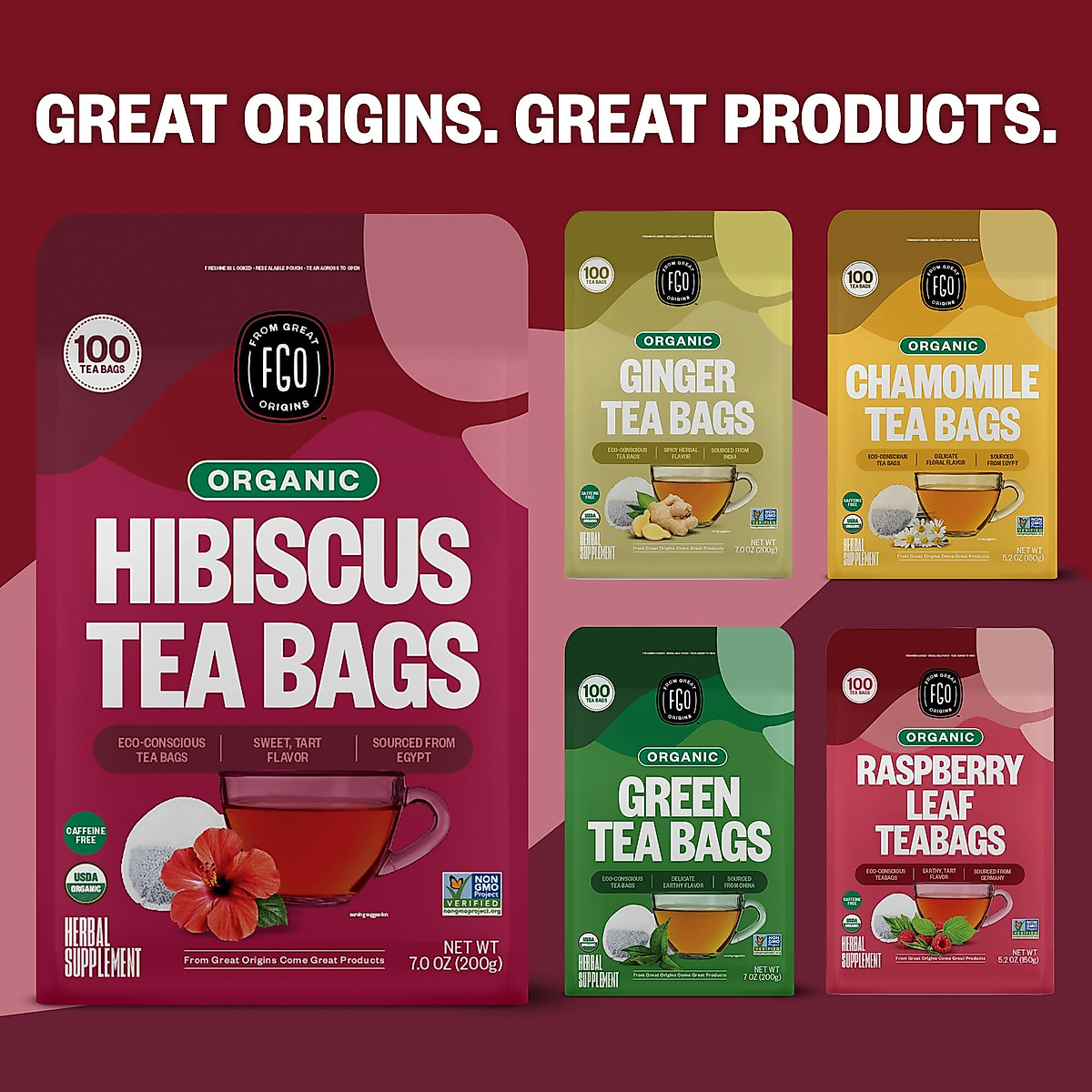 Organic Hibiscus Tea Bags | 100 Tea Bags | Eco-Conscious Tea Bags in Kraft Bag | Raw from Egypt | by FGO