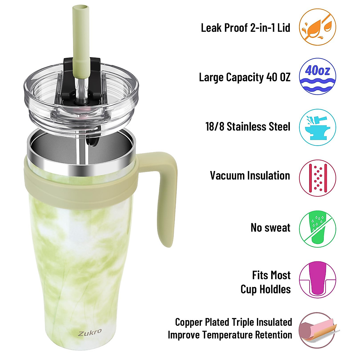 Zukro 40 oz Tumbler With Handle and Straw, Leak Proof Vacuum Insulated Stainless Steel Cup with 2-in-1 Screw on Lid, Fit in Cup Holder, No Sweat, Keeps Drinks Cold 24 Hours
