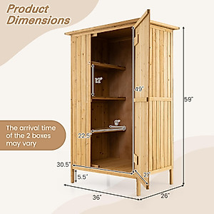 Goplus Outdoor Storage Cabinet, 5 × 3 FT Wooden Garden Shed with Asphalt Roof, 3 Shelves, Lockable Door, 5 Hanging Hooks, Outside Utility Tool Shed Organizer for Backyard, Patio, Deck, Natural