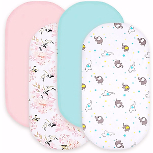 bimocosy Bassinet Sheet, 4 Pack Bassinet Sheets for Baby Girls Boys, Soft Baby Bassinet Fitted Sheets Neutral for Standard Bassinet Mattress, Size 32 x 16 x 4 Inches, Floral/Elephant/Pink/Green