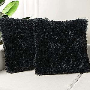 TOONOW Set of 2 Decorative Throw Pillow Covers 18x18, Black Fluffy Pillow Covers New Luxury Faux Fur Square Sofa Pillow Covers for Sofa Couch Living Room Bedroom, No Pillow Insert