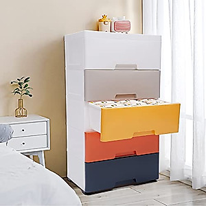 5 Drawer Plastic Drawers Dresser Storage Cabinet Stackable Vertical Clothes Storage Tower with 4 Wheels and Spare Wheel for Hallway Entryway(White, Gray, Yellow, Orange, Blue)