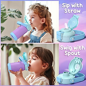 Fimibuke Kids Insulated Water Bottle with Pop-Open Straw & Spout 2-in-1 Lid, 14oz Leak Proof 18/8 Stainless Steel Vacuum Tumbler, BPA-Free Kids Cup For Travel School Boys Girls Toddler 1Pack,Navy Blue