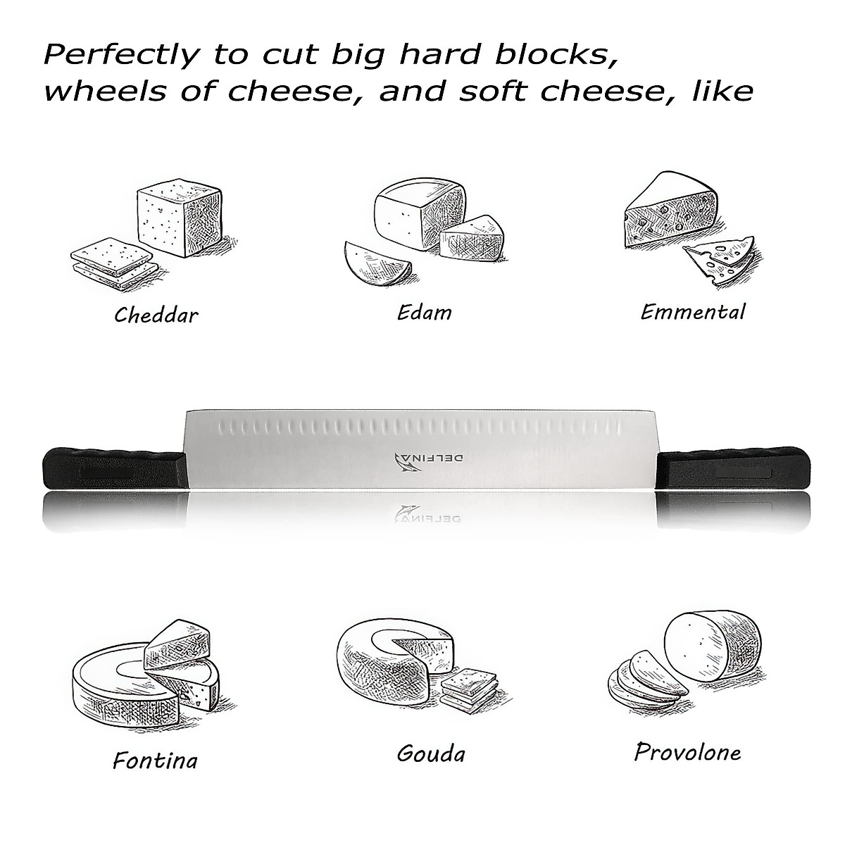 DELFINA 15 Inch Double Handle Cheese Knife with Blade Protector, Stomatal Blade with 5" Plastic Comfortable Handles, Cheese Knife for Cheese,Cakes,Vegetables,Butter,Soaps