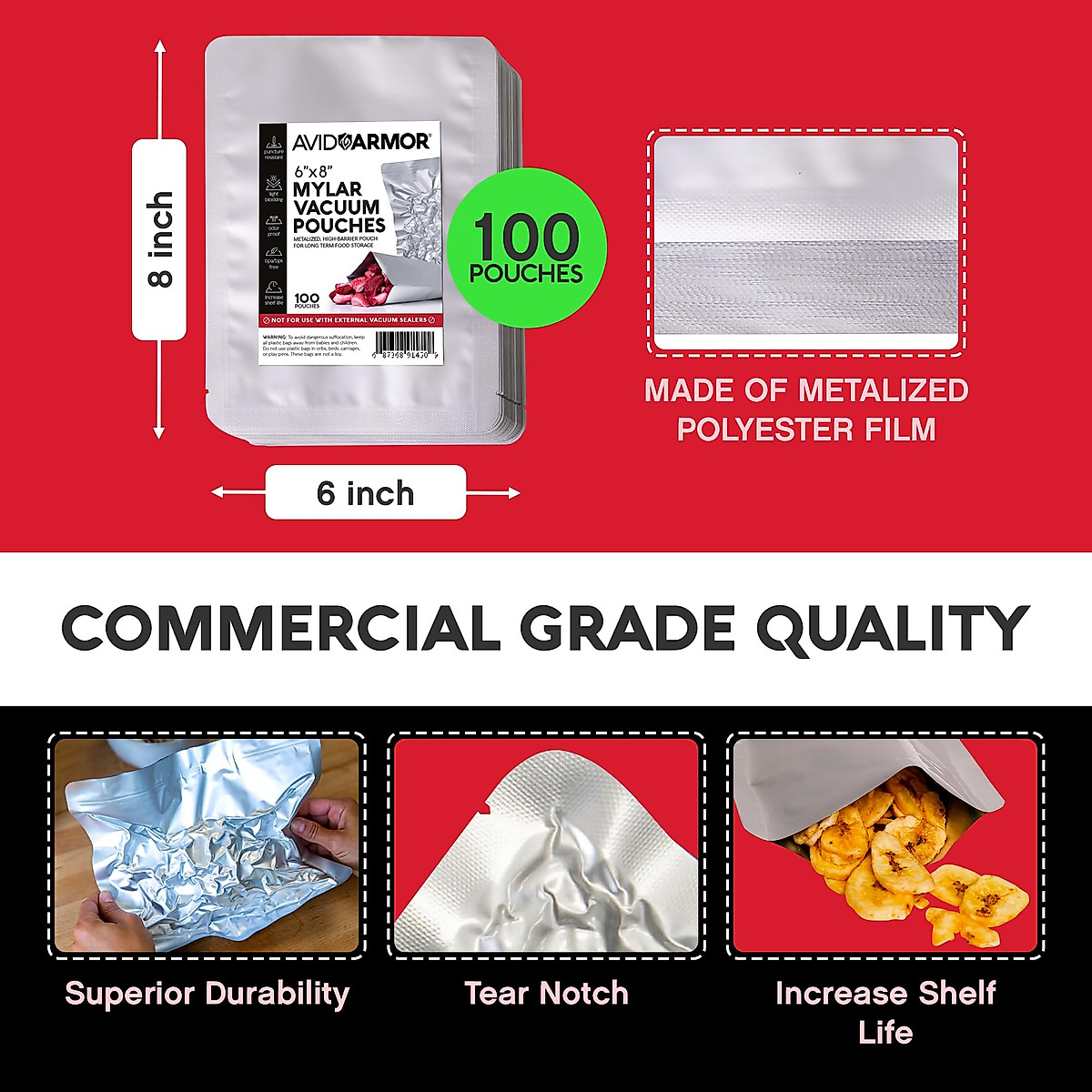 Avid Armor 6x8 Pack of 100 - Silver Vacuum Sealer Bags for Food - Heavy Duty Mylar Pouches, Pre-Cut 3-Sides Sealed for Long-Term Food Storage, BPA-Free, Perfect Chamber Vacuum Sealer Bags
