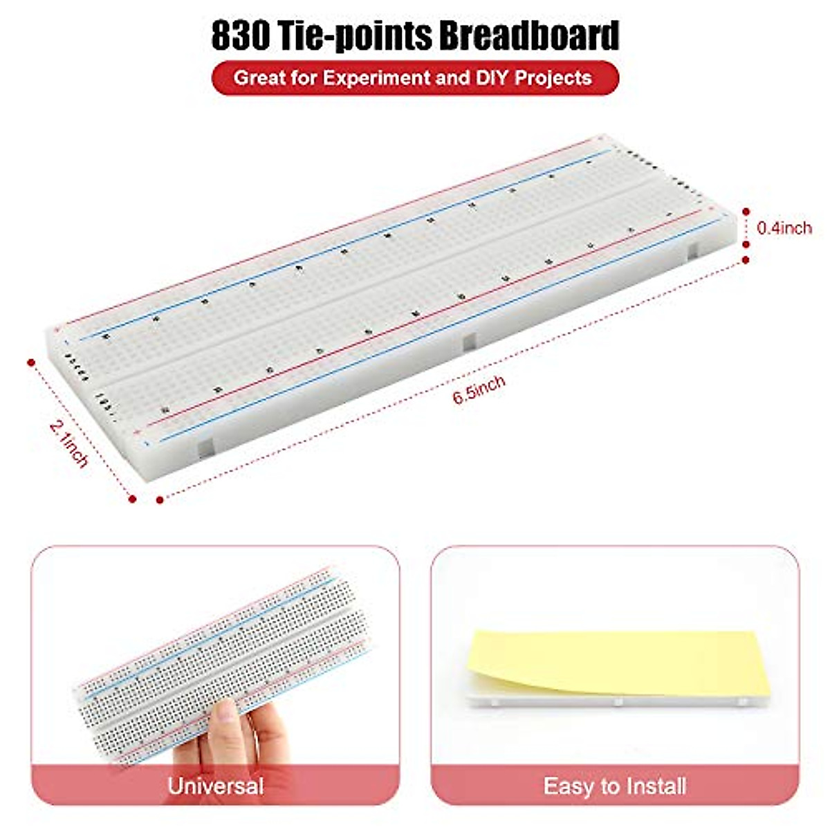 Breadboard Kit with Power Supply for Electronics, 65 Pieces M/M Bread Jumper Wires(12/16/20/25cm), 1 Piece Power Supply Module MB 102(5V/3V), 1 Piece 830 Tie-Points Breadboard