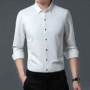 Maiyifu-GJ Men's Wrinkle Free Casual Dress Shirt Regular Fit Button Down Shirts Solid Turn-Down Collar Long Sleeve Shirts (White,165)