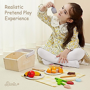 Pillowhale Wooden Picnic Basket Playset Toy,Pretend Play Food Sharing Playset with Cutting Fruits, Kids Imagination Play for Girls Boys Toddlers 3 Years Old and Up