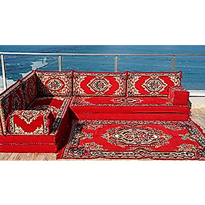 Floral Floor Sofa Seating Set, Arabic Floor Sofa Set, Garden Sofas, Oriental Floor Seating, Floor Cushions, Floor Couches, Arabic Majlis (L Sofa + Rug)