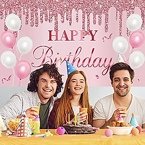 Pink Rose Gold Birthday Banner Backdrop Decorations for Women Girls, Happy Birthday Sign Party Supplies, 16th 21st 30th 40th 50th 60th Bday Photo Props Background Decor