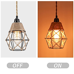 Industrial Plug in Pendant Light - 16.4ft Hanging lights with Plug In Cord Hemp Rope Hanging Lamp Farmhouse Hanging Light Fixtures with On/Off Switch for Kitchen Island Bedroom Living Room