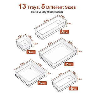 SMARTAKE 13-Piece Drawer Organizer with Non-Slip Silicone Pads, 5-Size Desk Drawer Organizer Trays Storage Tray for Makeup, Jewelries, Utensils in Bedroom Dresser, Office and Kitchen, Clear