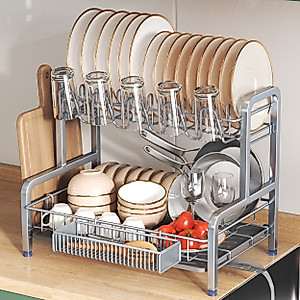 BOOSINY 2 Tier Dish Drying Rack and Drainboard Set, Large Stainless Steel Dish Drainers for Kitchen Counter, Dish Strainer Shelf with Cup-Holder （Grey）
