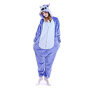 Plustrong Adult Onesie Costume Pajamas Halloween Costumes Animal Onesie Cosplay Sleepwear (Blue Stitch,M)