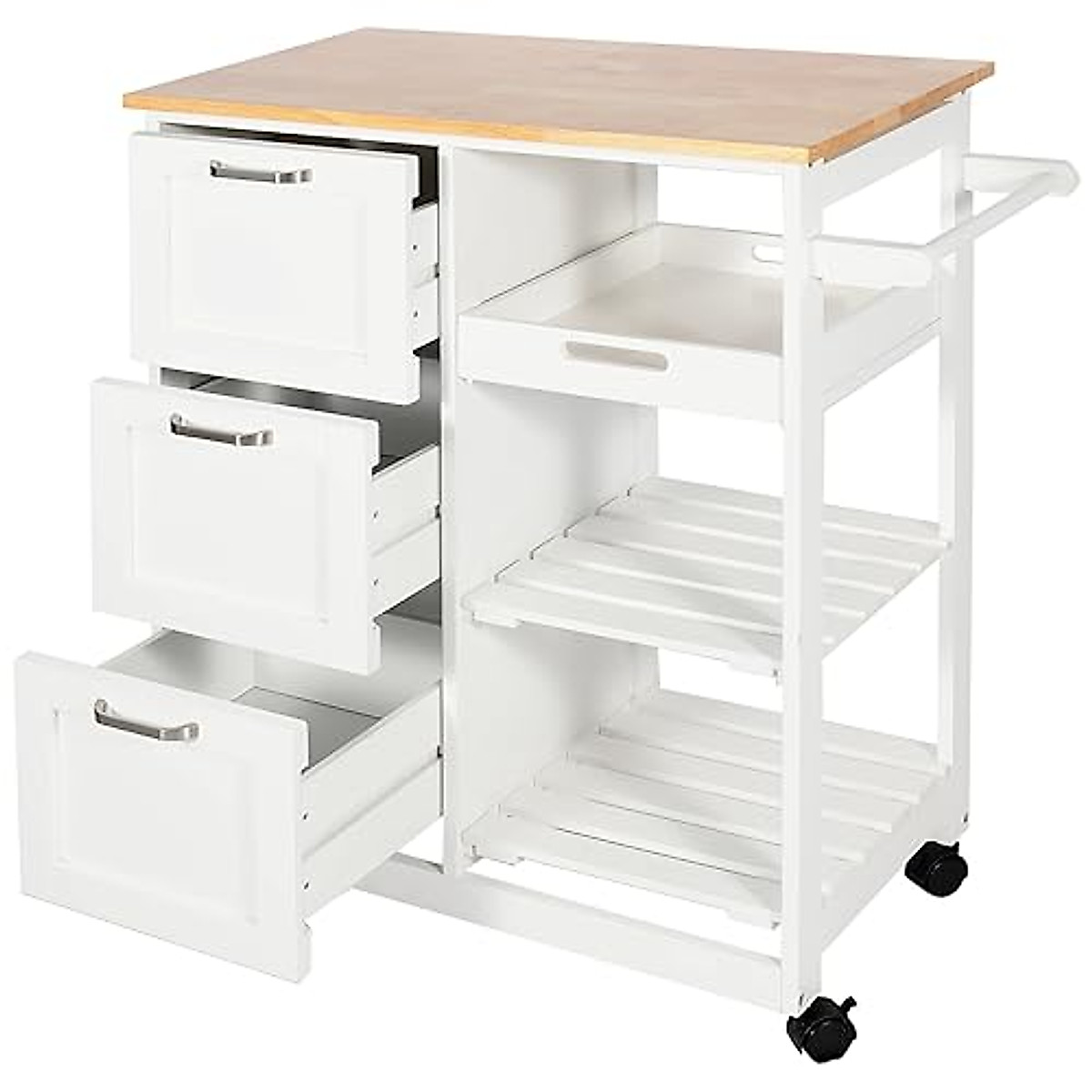 AKVOMBI Rolling Kitchen Island Cart with Wood Countertop, White Kitchen Trolley Carts on Wheels with 3 Drawers, Towel Rack, Adjustable Shelves