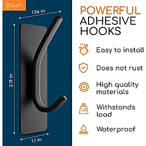 GLUIT Adhesive Towel Hooks for Bathroom Wall Hooks for Hanging Heavy Duty Coat Rack Sticky Hanger for Door Holder Durable Stainless Steel Dark Black- 2 Pack