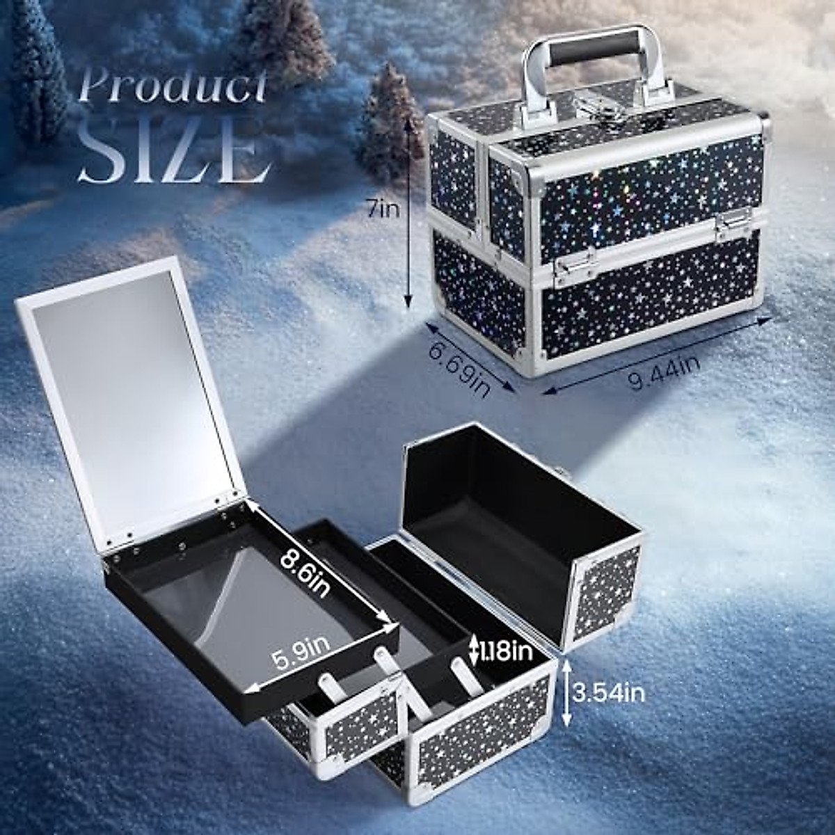 Joligrace Makeup Train Case Portable Cosmetic Box 2 Trays with Mirror Lockable for Makeup Nail Tech and Beauticians Traveling Makeup Storage Organizer - Black Star
