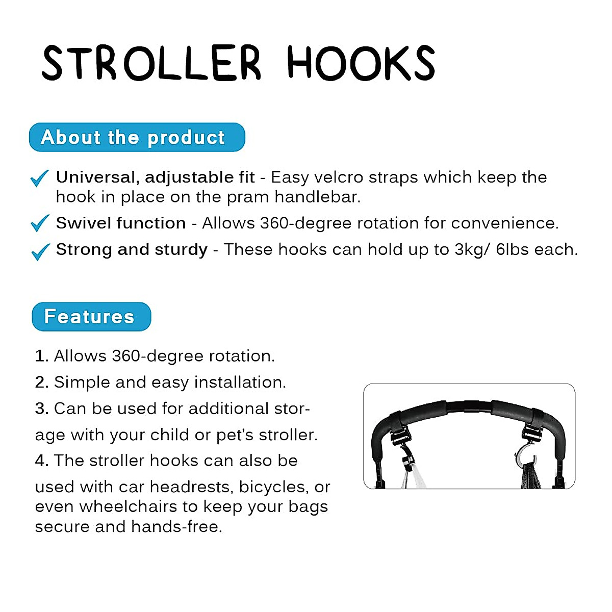 ibiyaya Baby/Pet Stroller Organiser Hook Clips - 2 Pack of Multipurpose Hangers for Shopping Bags, Purses and Mommy Bags - Great Baby Stroller, Bike, Wheelchair and Pushchair