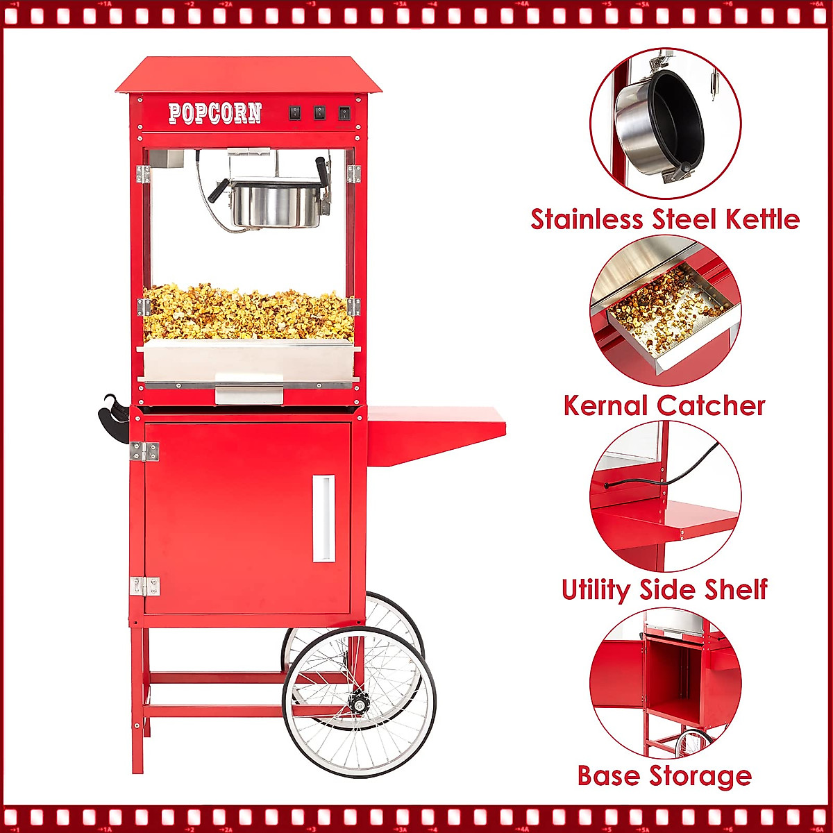RIEDHOFF Commercial Popcorn Machine with Cart, [ 8 Oz Kettle ] [ 3 Mins ]Professional Popcorn Maker Machine Makes Up to 60 Cups, [With Lockers] [10PCS Popcorn Bucket ] for Home Movie Theater Style