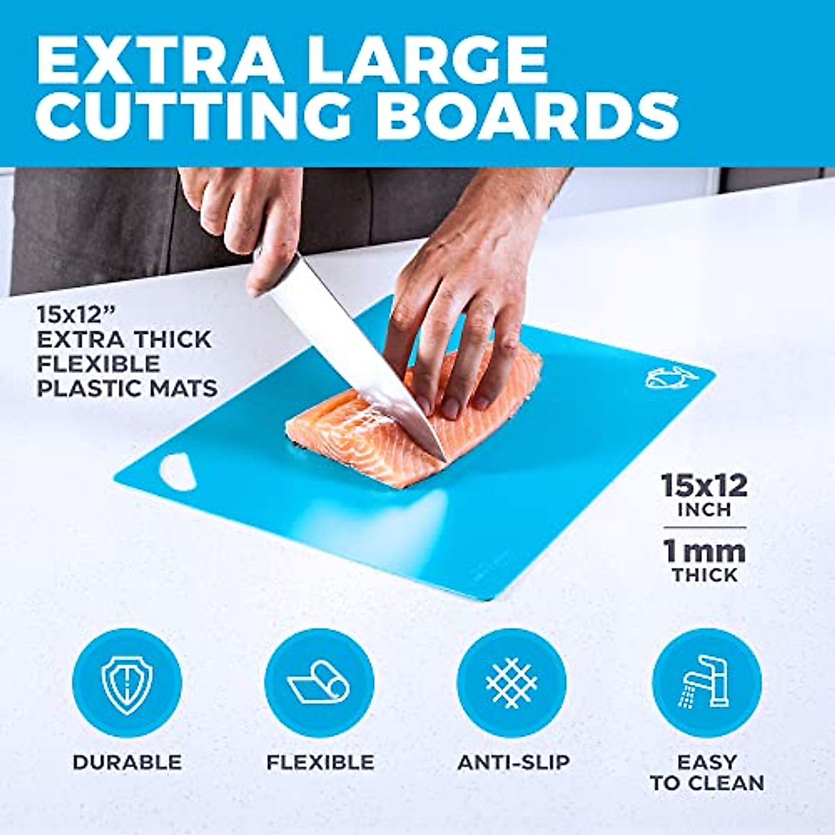 Extra Thick Flexible Plastic Cutting Board Mats With Holes For Hanging And Food Icons & "EZ-Grip" Waffle Back, (Set of 4) Dishwasher Safe