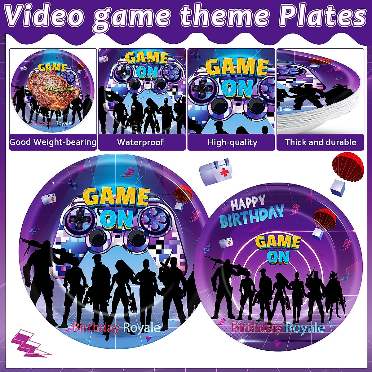 96Pcs Video Game Party Supplies Birthday Royale Tableware Set Gaming Party Plates and Napkins Game on Decorations for Kids Boys Girls Baby Shower Video Game Dinnerware Party Favors for 24 Guests