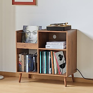 Wirrytor Vinyl Record Storage Cabinet with Power Outlet,Record Player Stand,Record Player Table Holds up to 250 Albums,Turntable Stand Display Shelf with Wood Legs for Living Room Bedroom,Walnut Brown