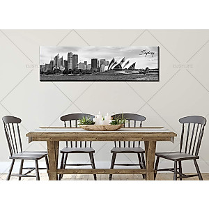DJSYLIFE Sydney Skyline Wall Art Decor Canvas Print Black and White City Building Landscape Poster Australia Cityscape Modern Artwork Painting for Bedroom Office Home Decoration - 13.8" x 47.3"