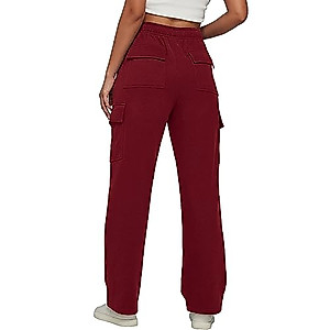 Womens Sweatpants Plus Size Womens Cargo Sweatpants Casual Baggy Fleece Winter Warm Wide Leg High Waisted Loose Fit Joggers Pants Sporty Gym Athletic Lounge Trousers with Pockets C32 Wine