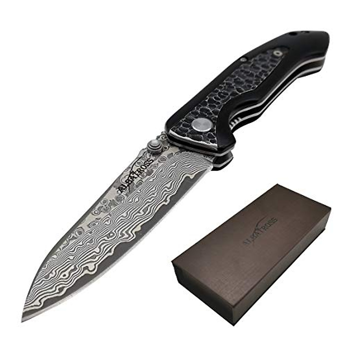 ALBATROSS Ebony wood 7.5" EDC Sharp Damascus Folding Pocket Knife with Liner Lock - Gift Box - HGDK011