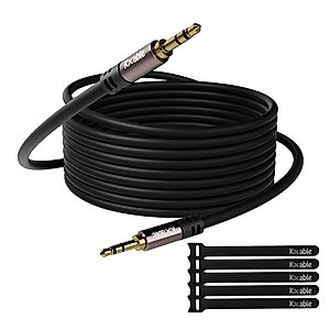 3.5mm Auxiliary Audio Stereo Cable 25 Feet, Long Male to Male Aux Cord, Gold Plated Connectors, OFC Core, Black Cable (with 5 pcs Cable Ties) - 25ft